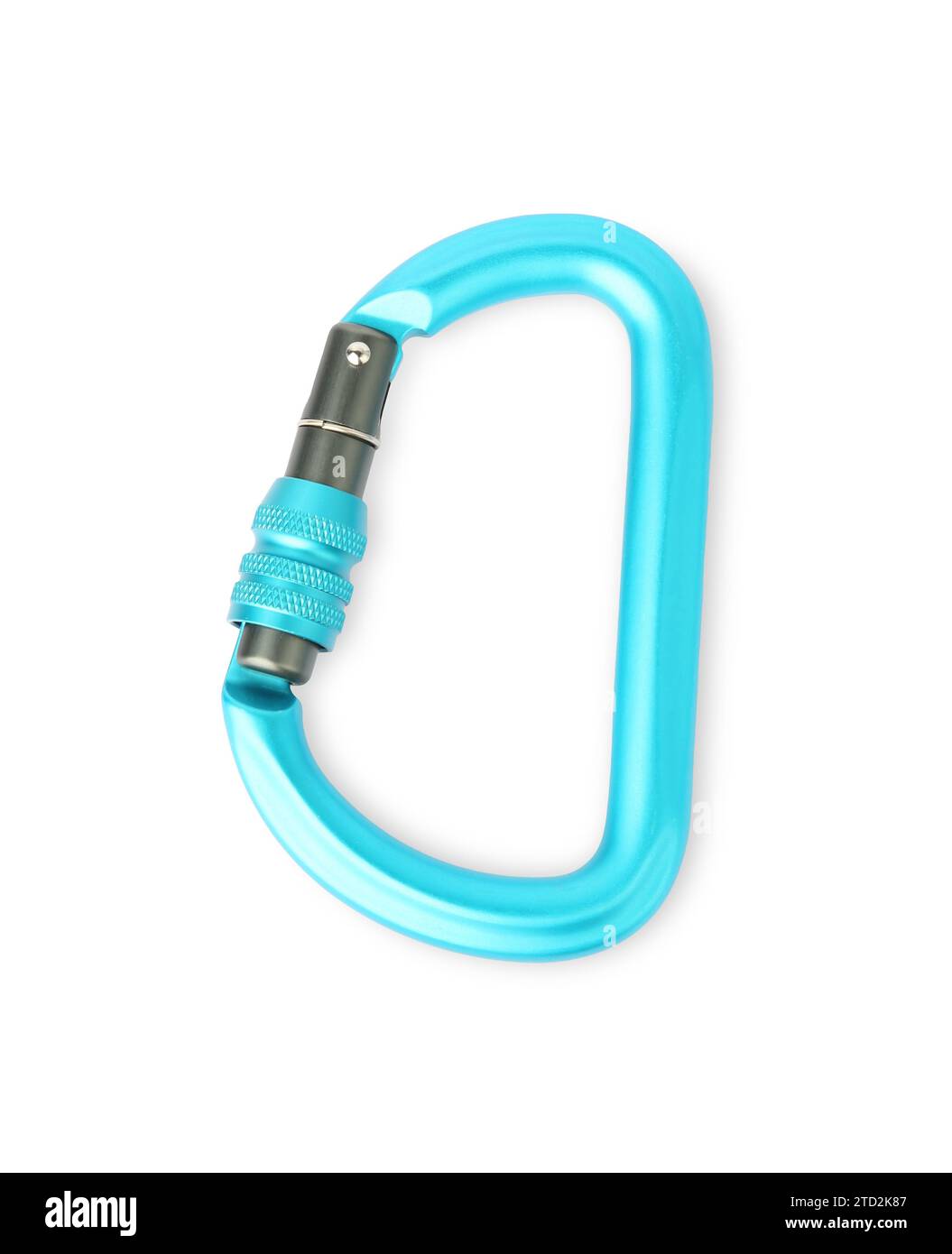 One light blue carabiner isolated on white, top view Stock Photo - Alamy