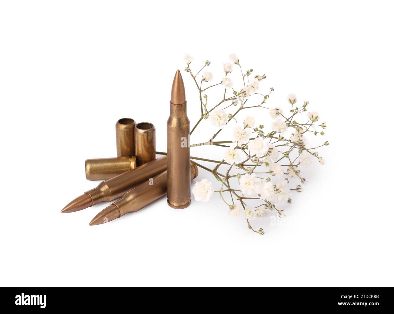 Bullets, cartridge cases and beautiful gypsophila flowers isolated on ...