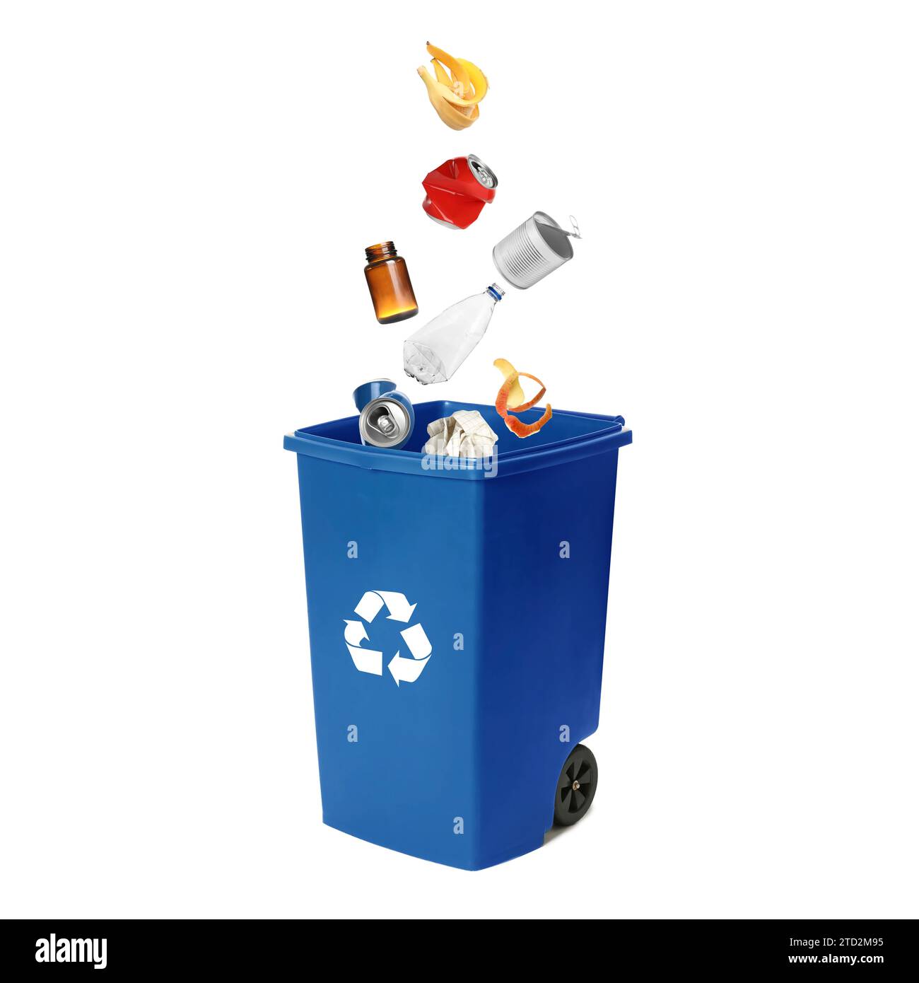 Garbage falling into trash bin on white background Stock Photo - Alamy