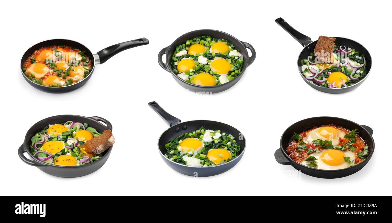 Delicious shakshuka in frying pans isolated on white, set Stock Photo ...