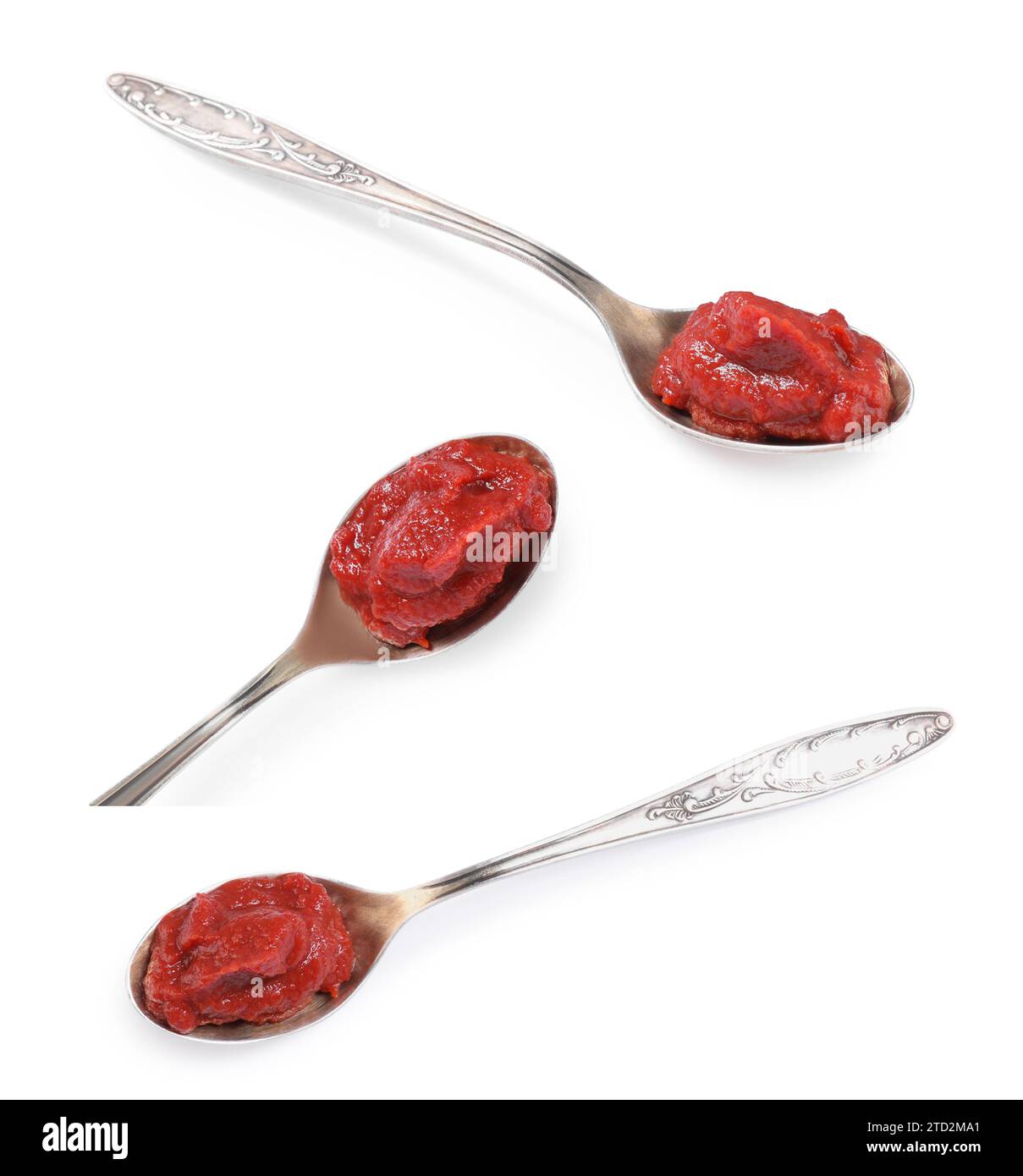 Spoon with tasty tomato paste on white background, different views ...