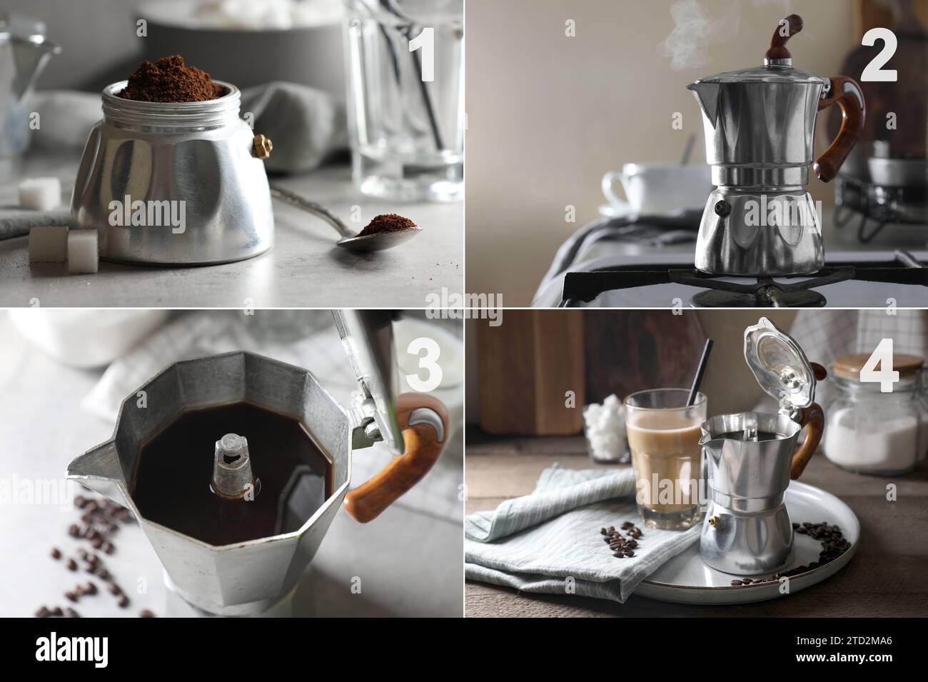 Making coffee with moka pot step-by-step. Collage with photos Stock ...