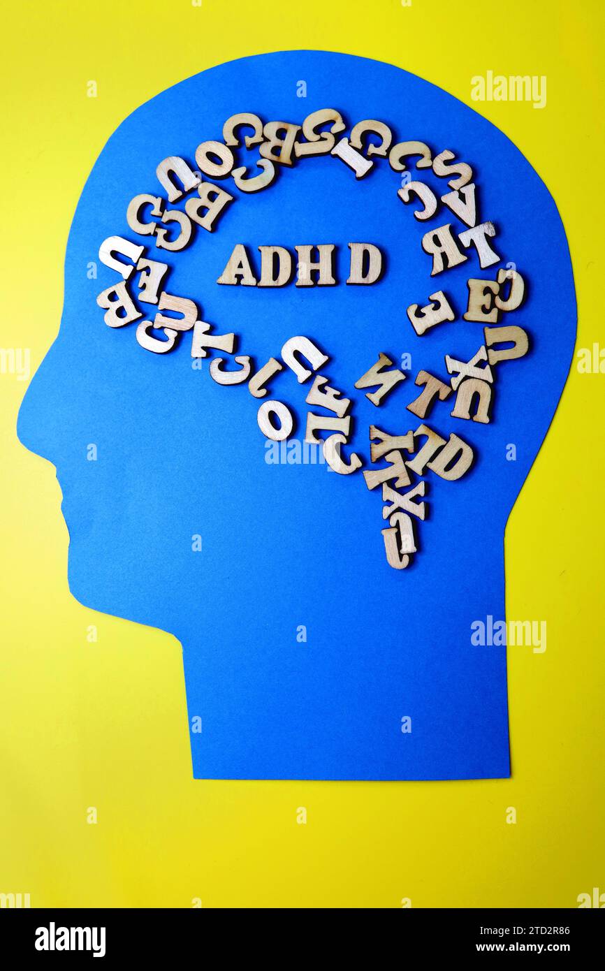 Diagram representing the human brain and ADHD using wooden panels Stock ...