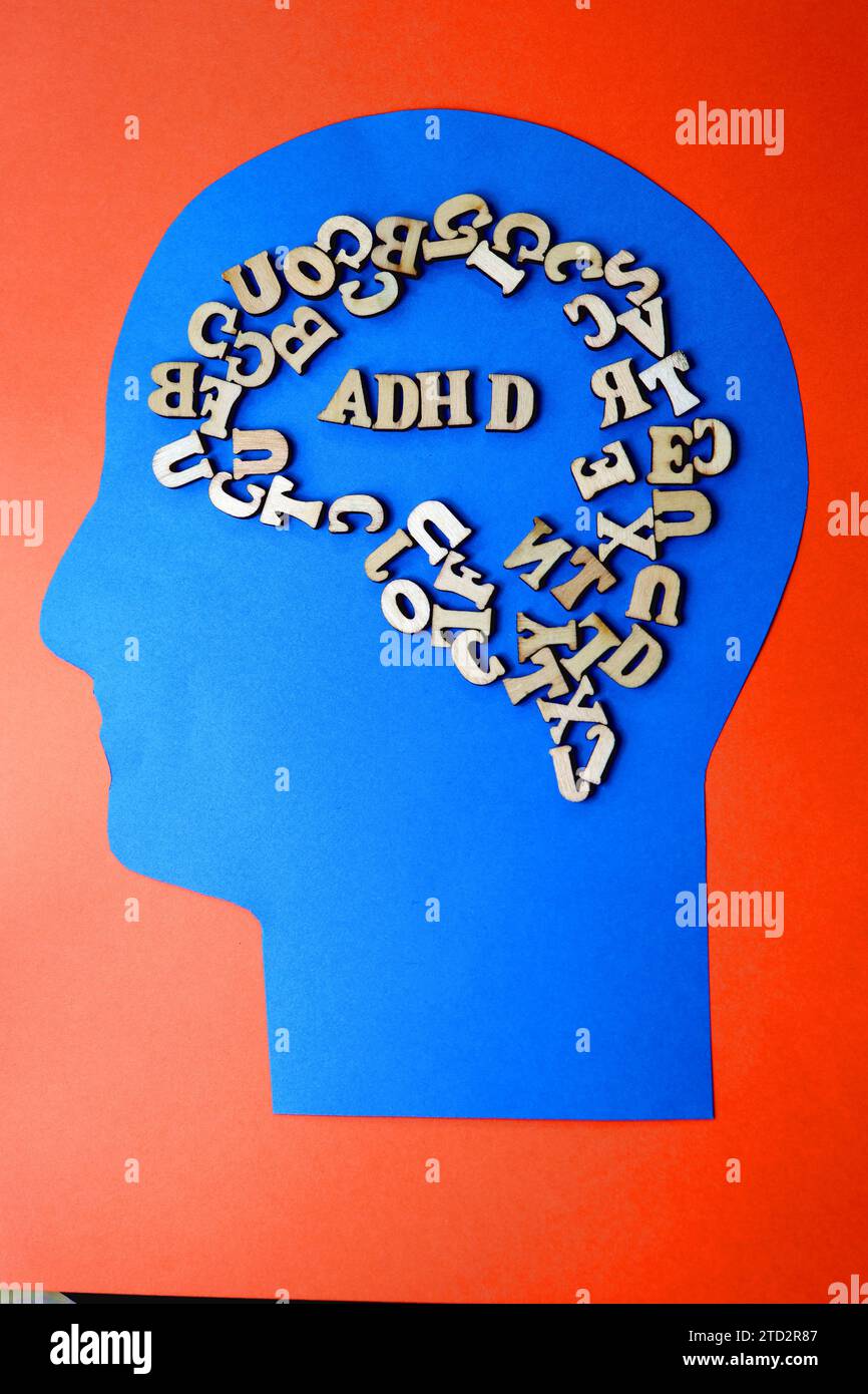 Diagram representing the human brain and ADHD using wooden panels Stock ...