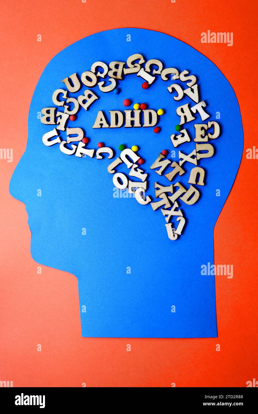 Diagram representing the human brain and ADHD using wooden panels Stock ...