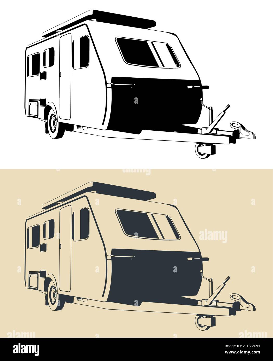 Stylized vector illustrations of camping trailer with lift-up roof ...