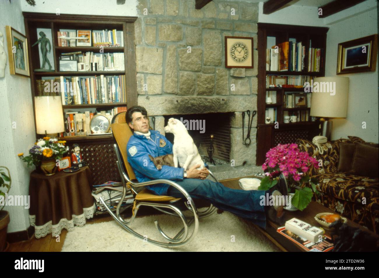 May 1982. Jesús Hermida at home accompanied by his dogs. Credit: Album ...