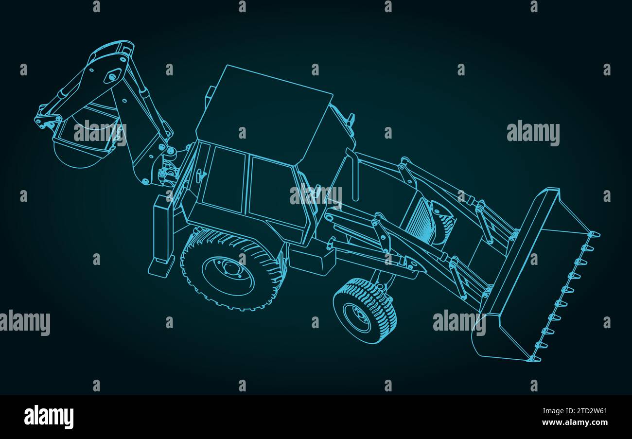 Stylized vector illustration of blueprint of backhoe loader Stock ...