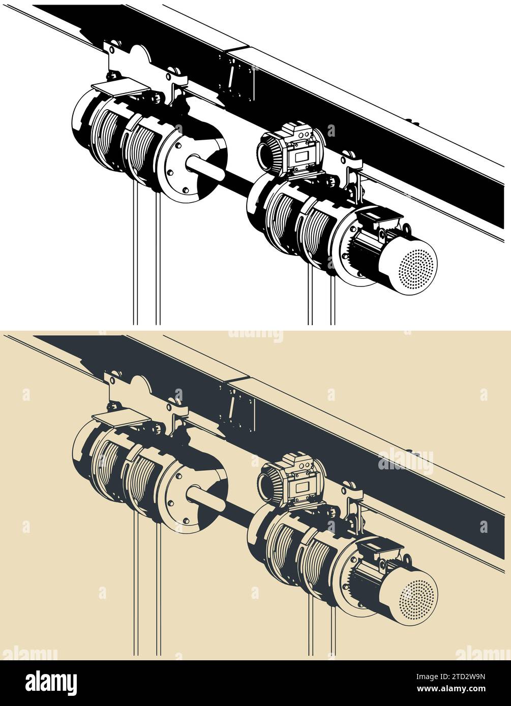 Stylized vector illustrations of hoist and winches for installation ...
