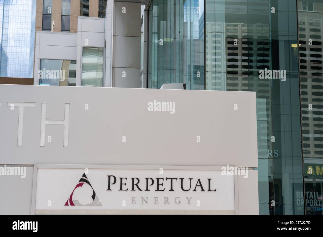 Perpetual company sign outside headquarter in downtown Calgary, Alberta ...