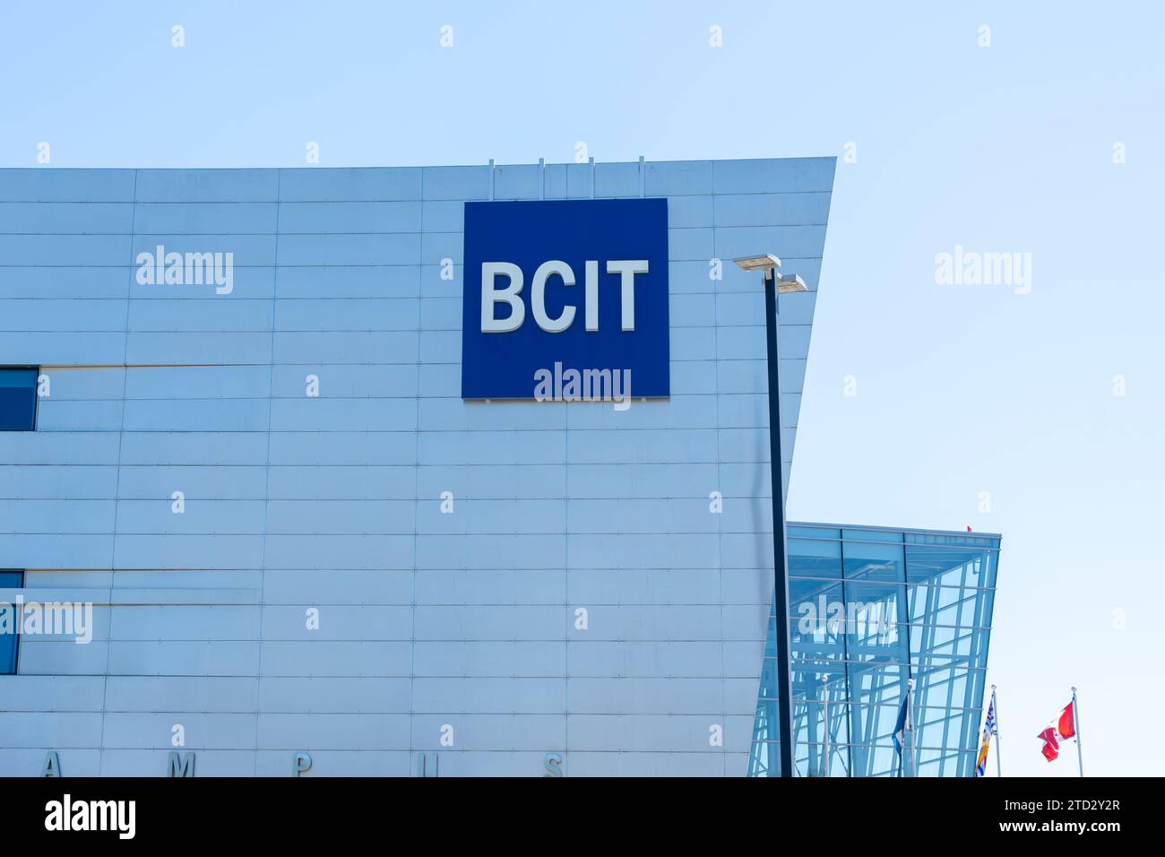 BCIT sign on the building at BCIT’s Aerospace Technology Campus in Richmond, British Columbia ...