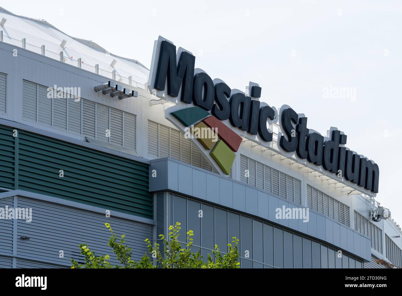 Mosaic Stadium closeup sign on the building in Regina, Saskatchewan ...