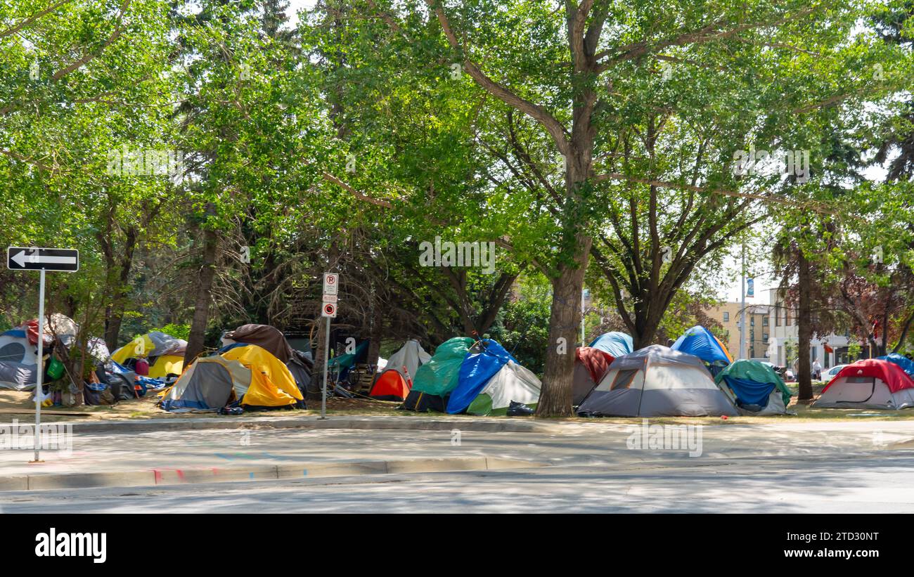 Homeless tent encampment under the trees in downtown Regina ...