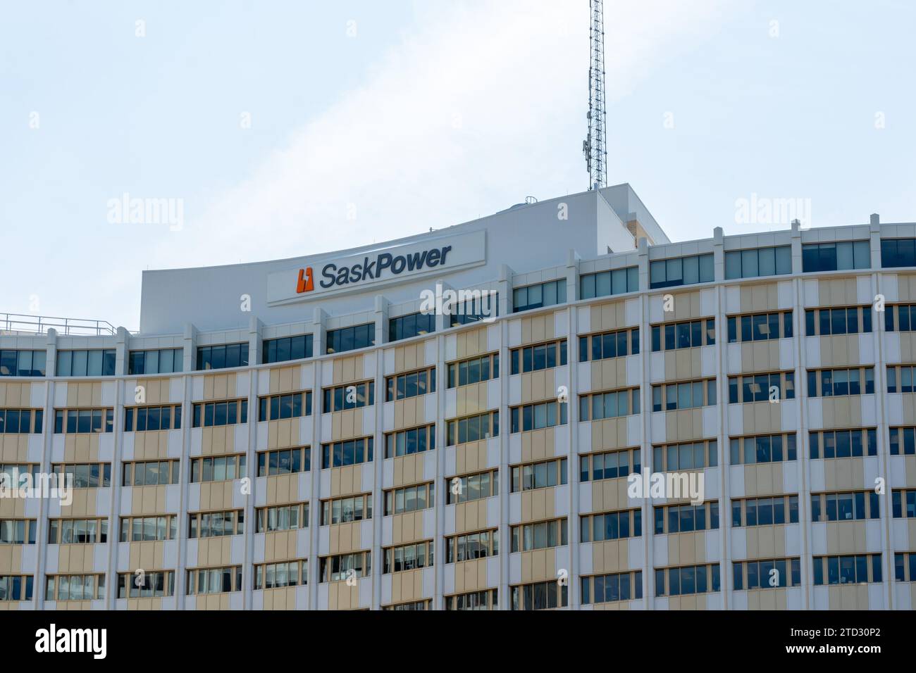 SaskPower logo and sign in front of SaskPower headquarters building in ...