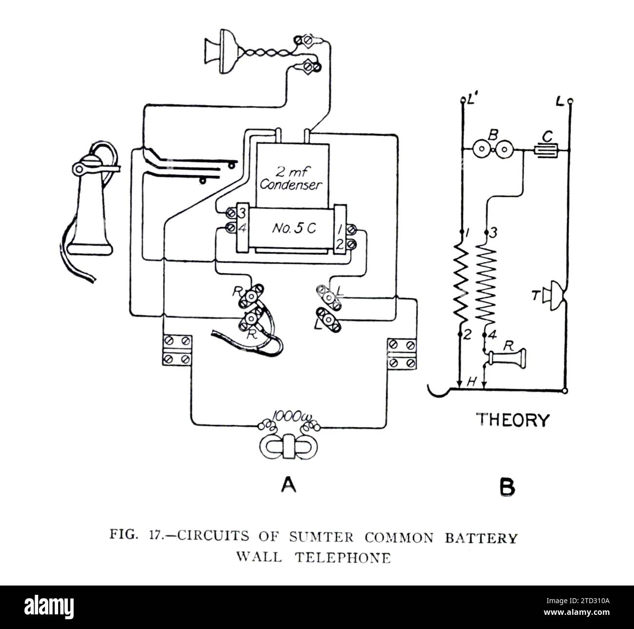 Sumter common battery wall telephone circuits, illustration. From ...