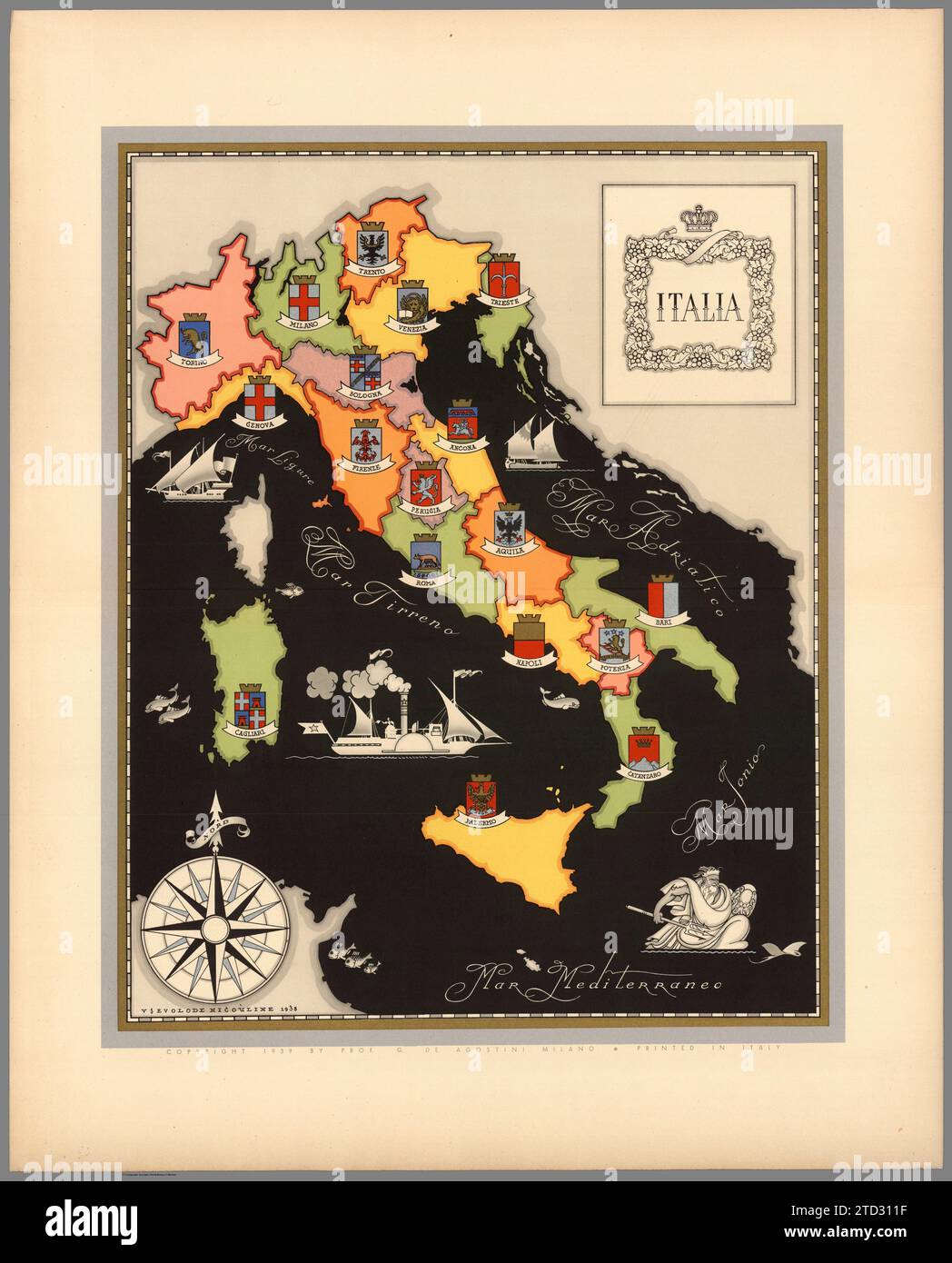 Illustrated map of Italy. Towns and cities labelled. From 'Italia' by ...