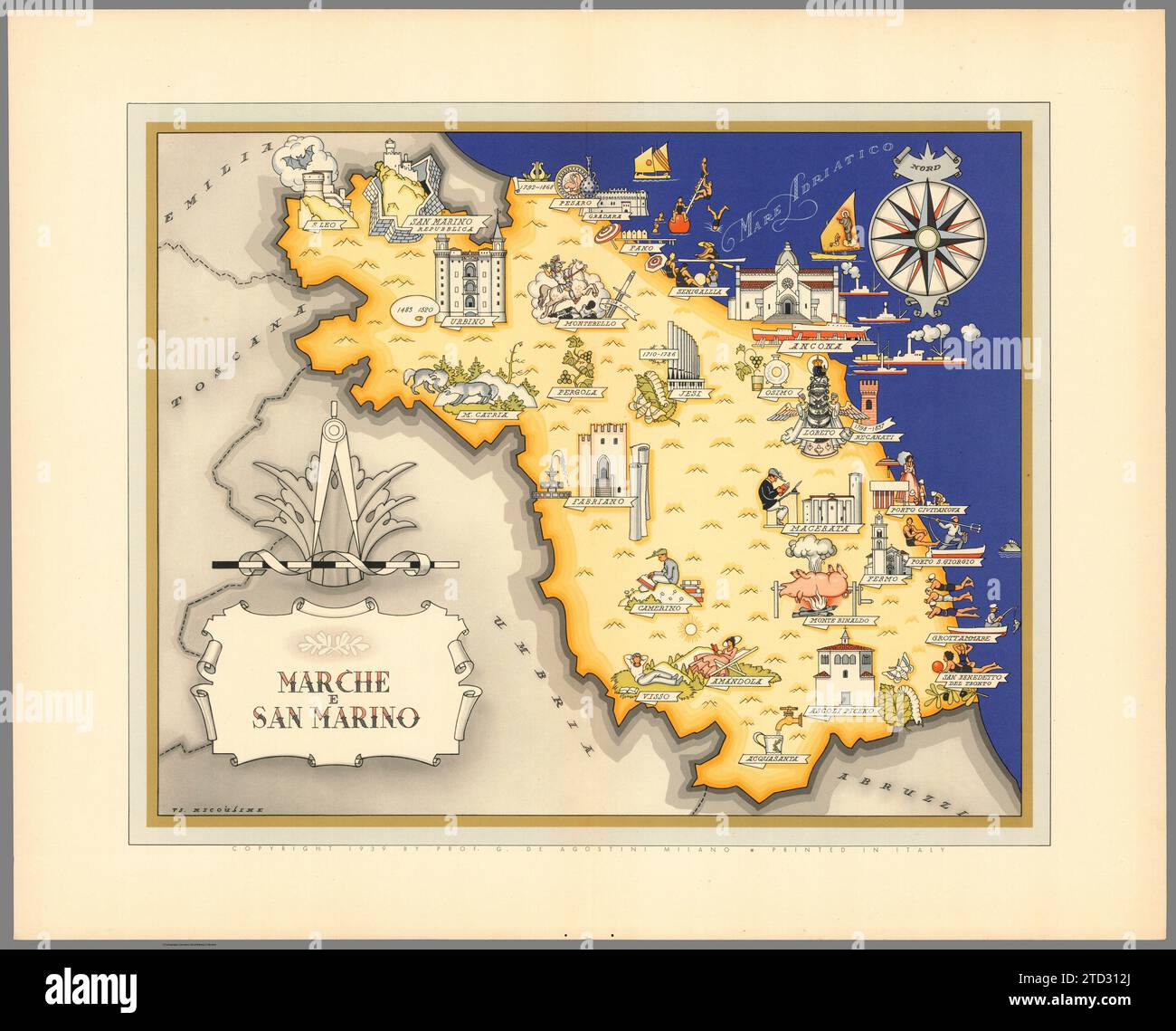 Illustrated map of Marche e San Marino, Italy. Towns and cities ...