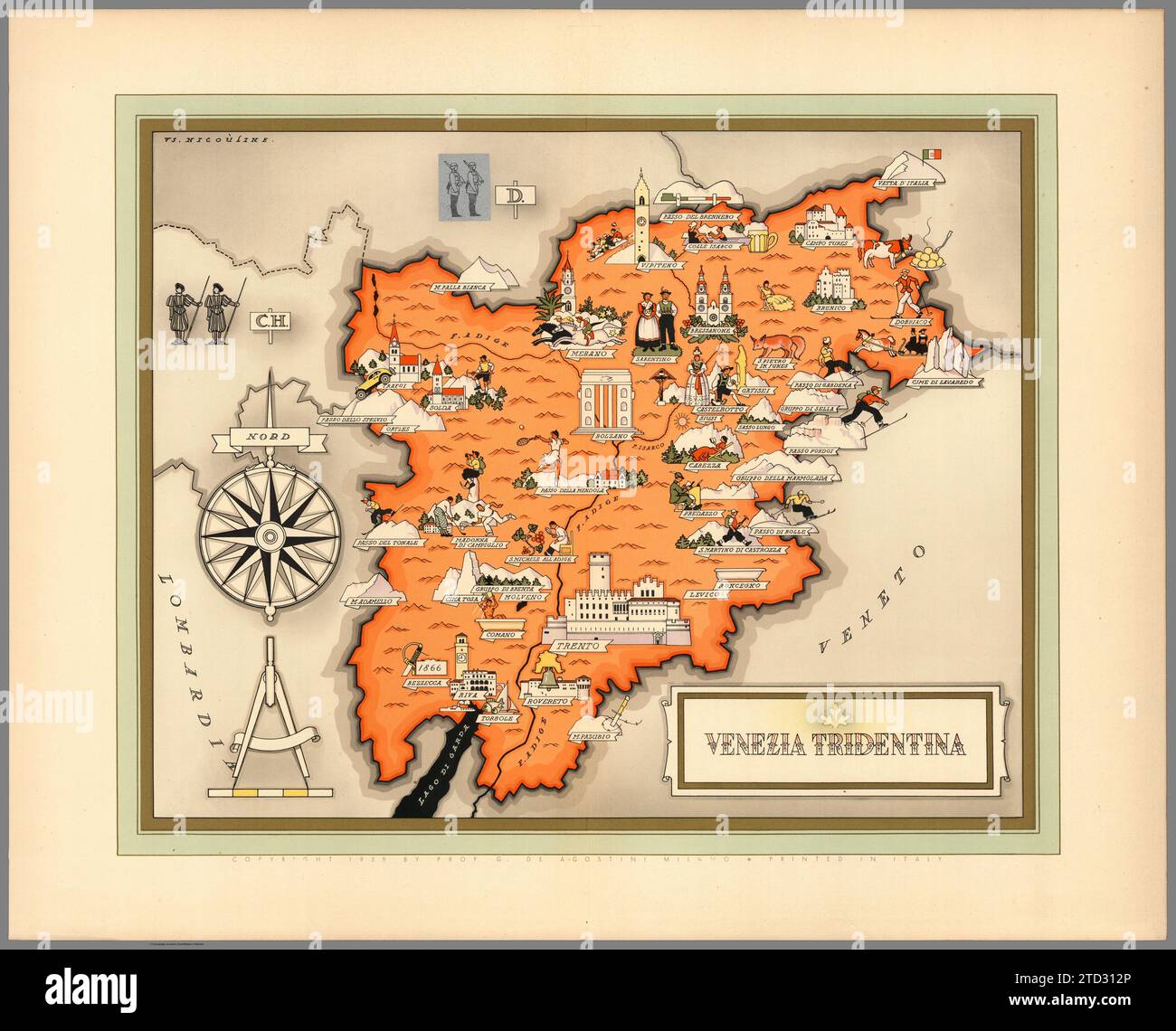 Illustrated map of Venezia Tridentina, Italy. Towns and cities labelled ...