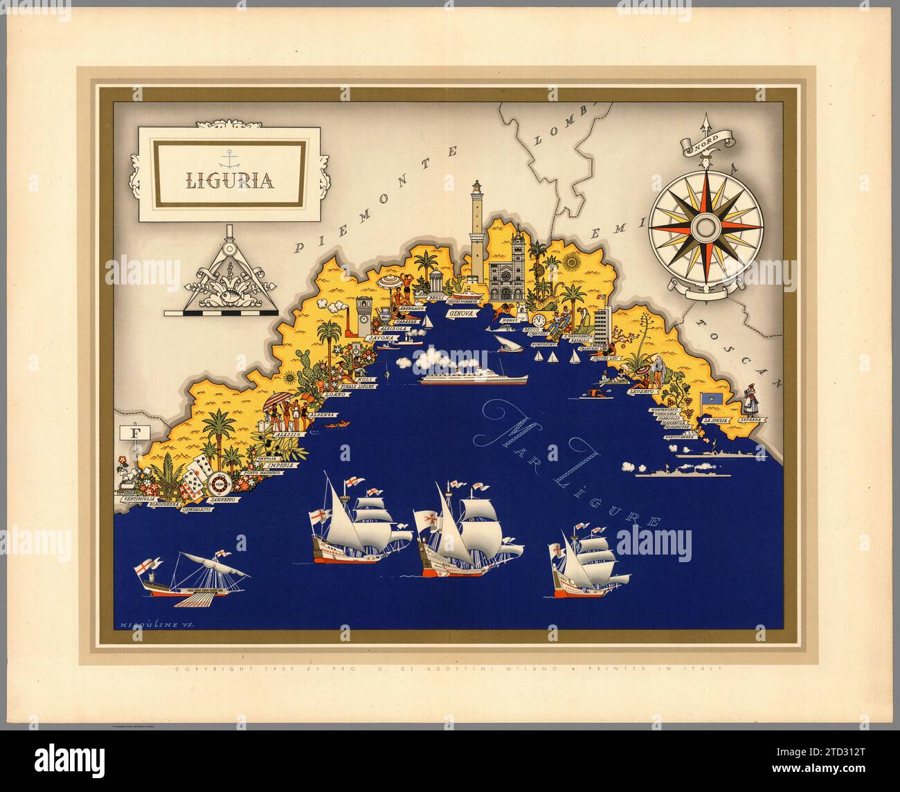 Illustrated map of Liguria, Italy. Towns and cities labelled. From ...