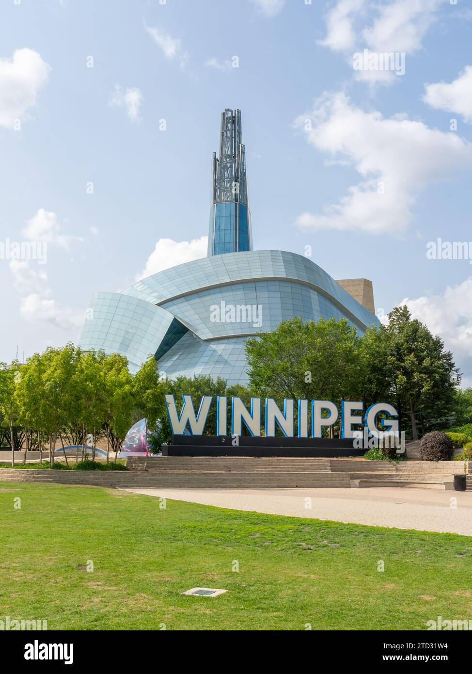 WINNIPEG Sign with Canadian Museum for Human Rights in the background ...