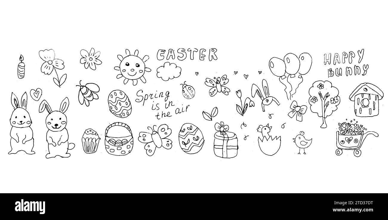 happy easter doodle background, set outline. Vector illustration ...