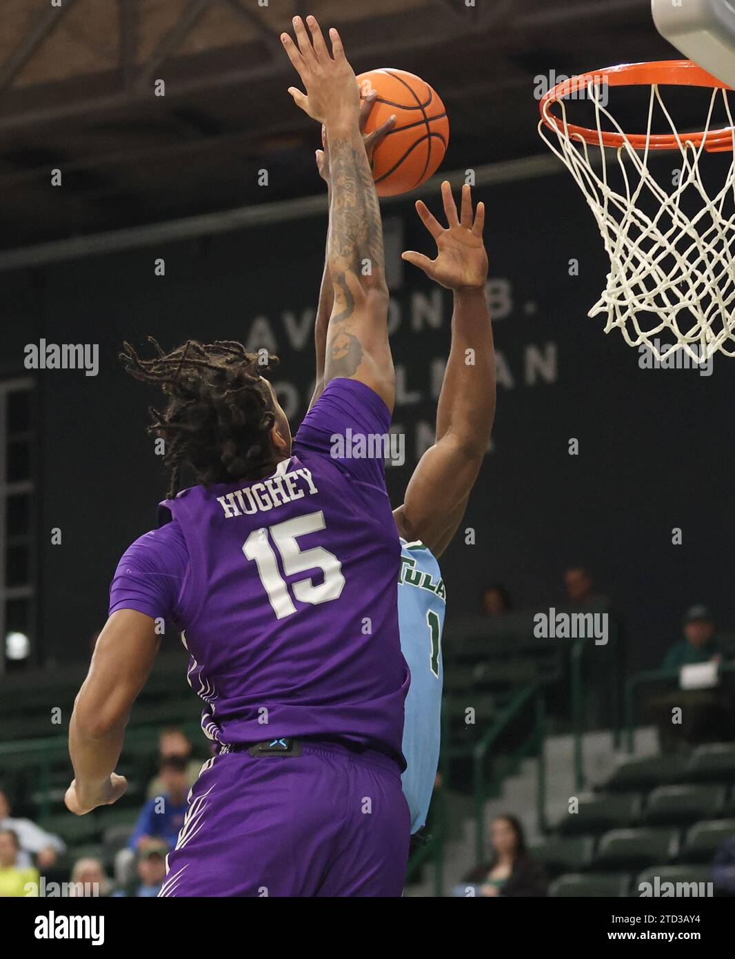 Furman Paladins forward Tyrese Hughey (15) tries to block Tulane Green ...