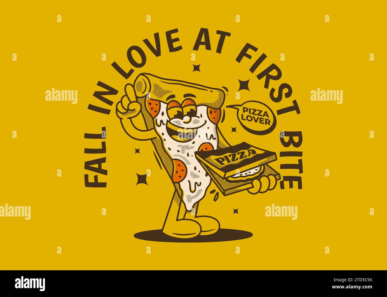Fall in love at first bite. Mascot character of pizza holding a box ...