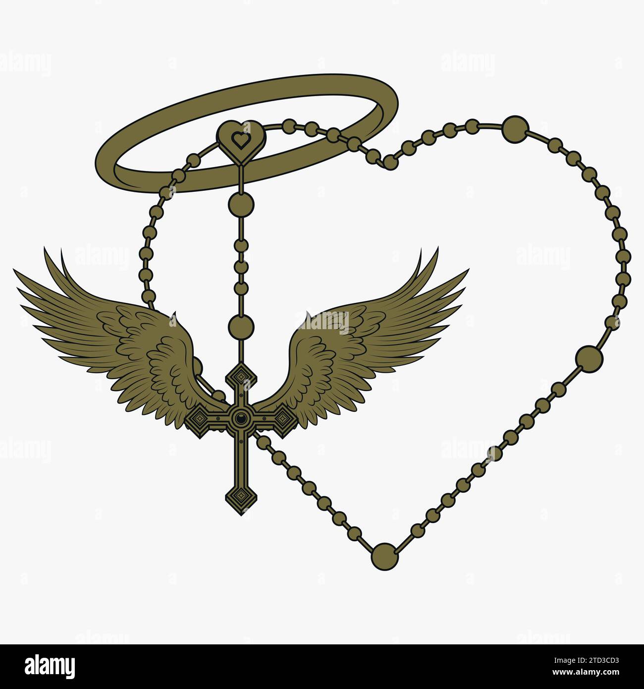 Vector design of winged cross with heart-shaped rosary, heart-shaped ...