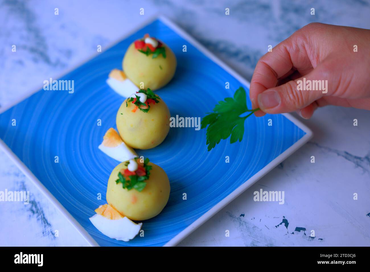 Typical Peruvian dish called causa rellena, which is served as a ...