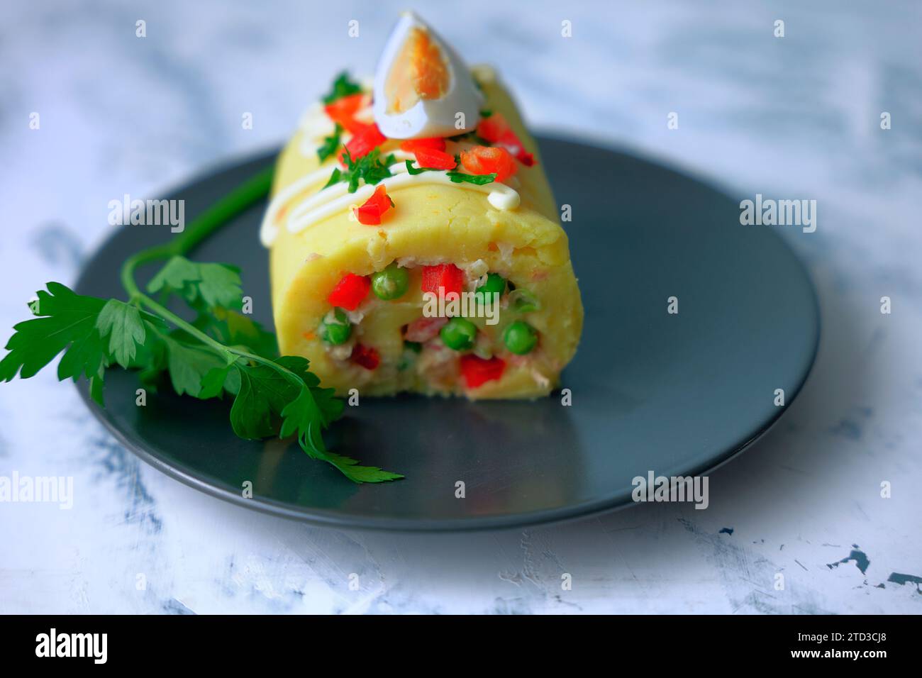 Typical Peruvian dish called causa rellena, which is served as a ...