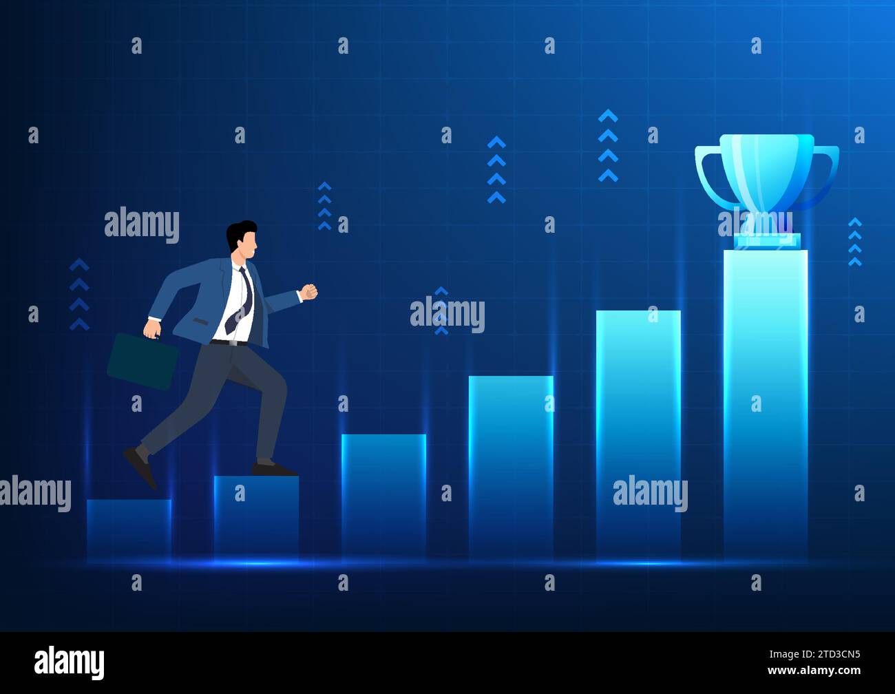 Businessman running upwards Graph the chart to get the trophy. Shows ...