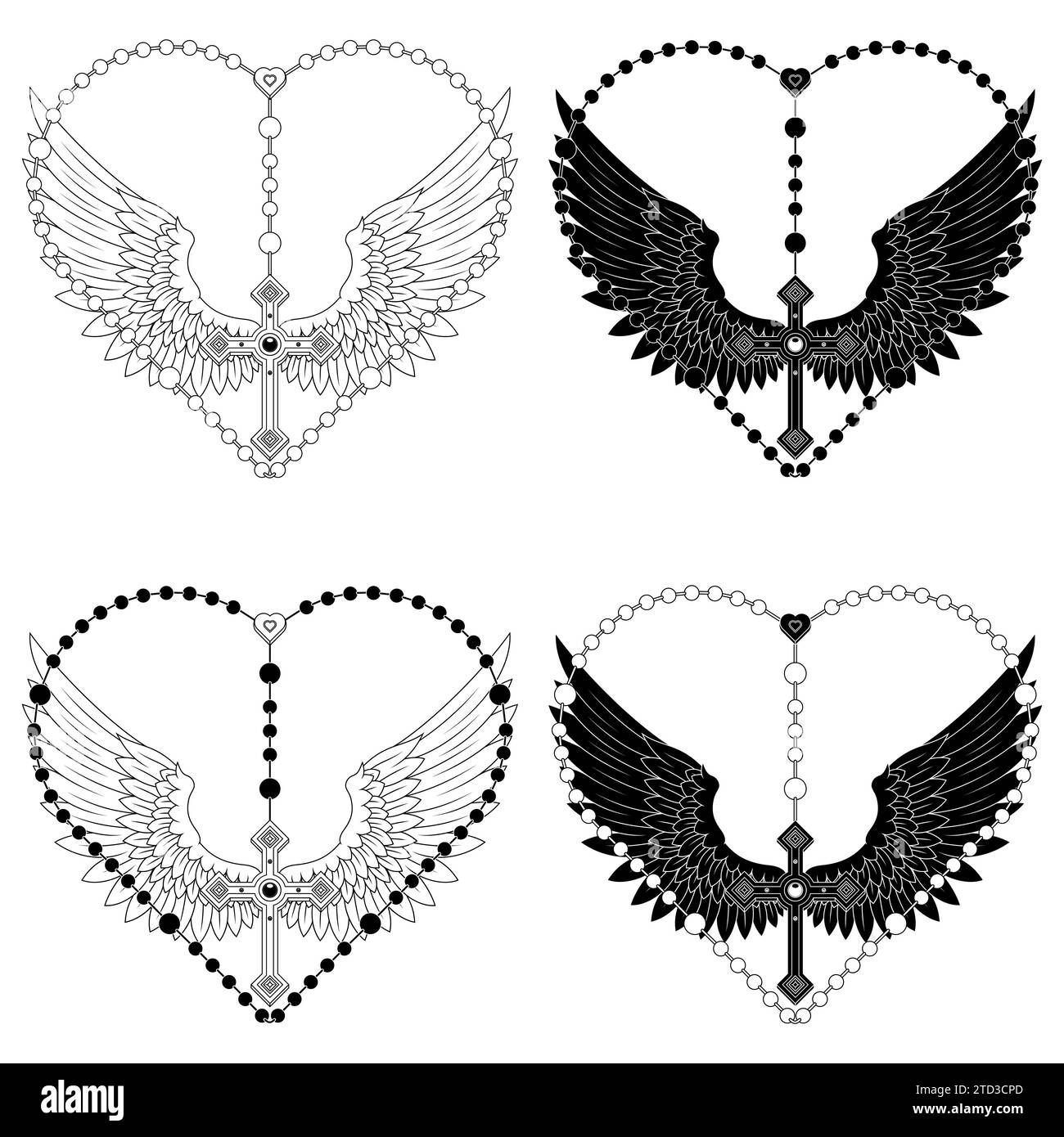 Vector design of winged cross with heart-shaped rosary, heart-shaped ...