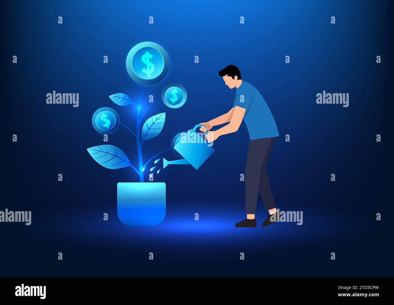 Financial technology, man watering plants that yield coins ...