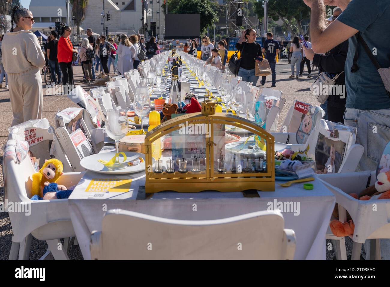 Empty Shabbat dinner tables seen on square in front of museum of art in ...