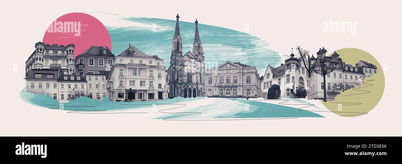 Historic buildings at the famous old town of Baden-Baden. Art collage ...