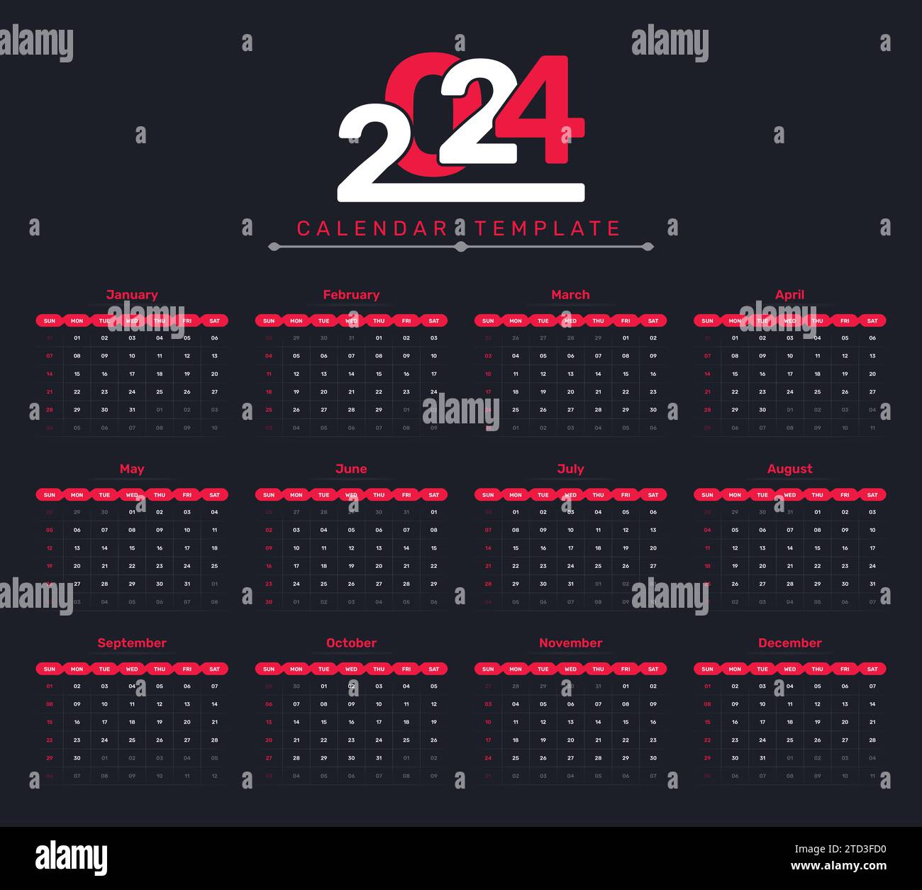 New year 2024 dark calendar template design with accurate date Stock ...