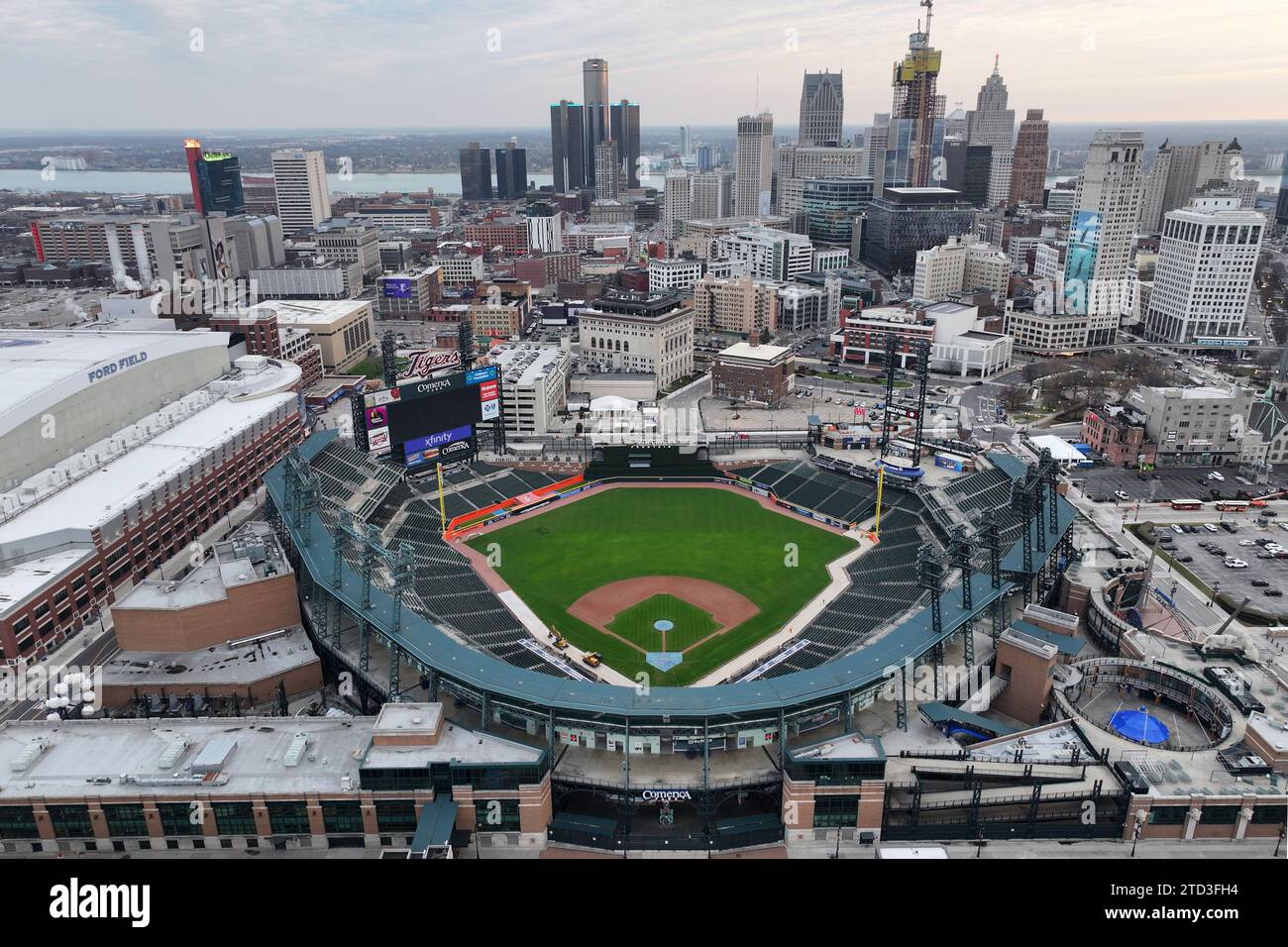 A general overall aerial view of Comerica Park Baseball stadium and ...