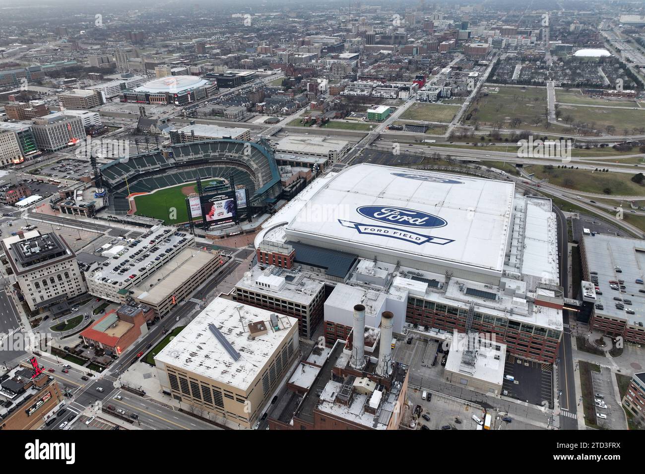 A general overall aerial view of Ford Field and Comerica Park, Thursday ...