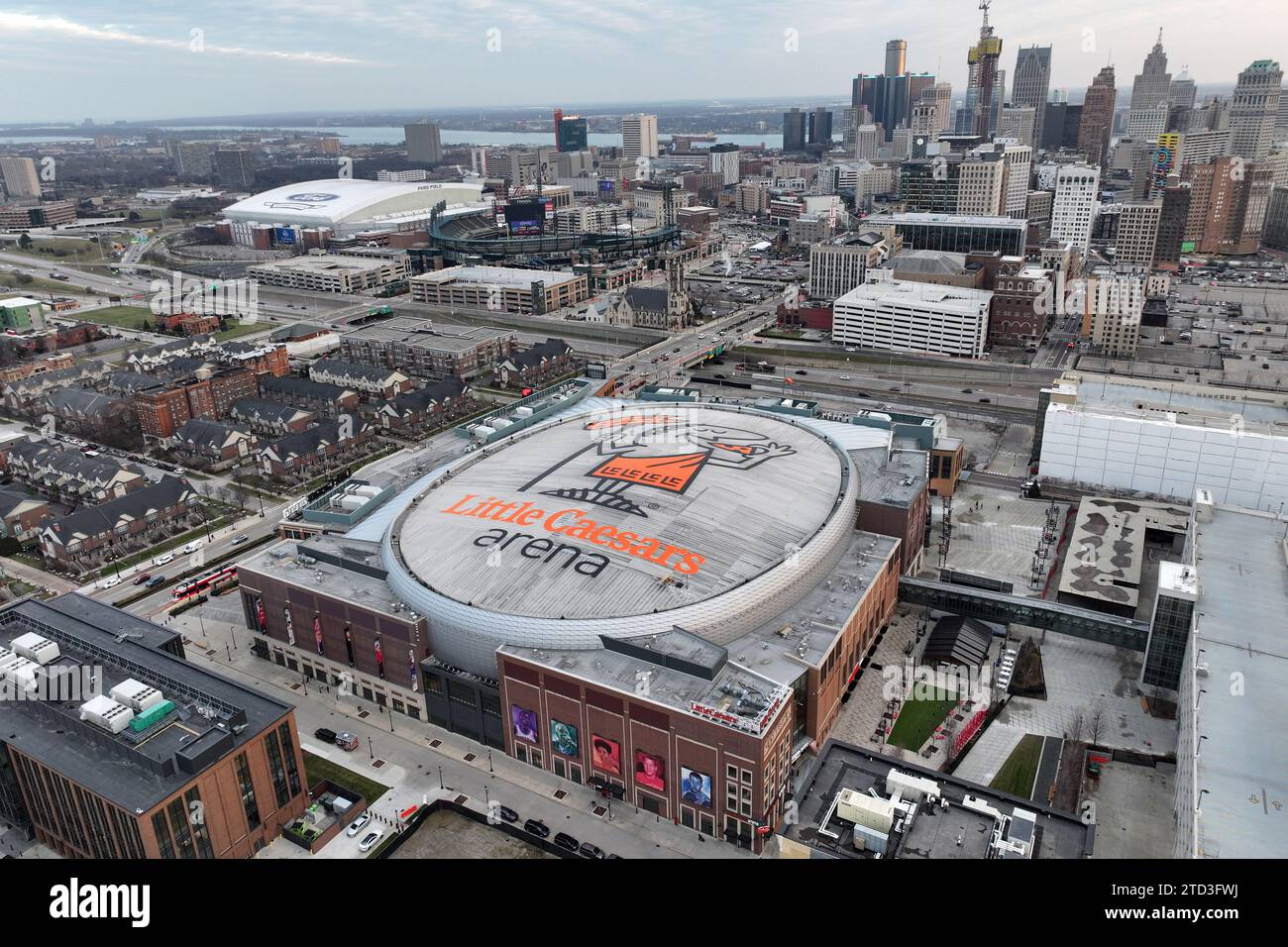 A general overall aerial view of Little Caesars Arena, Ford Field and ...