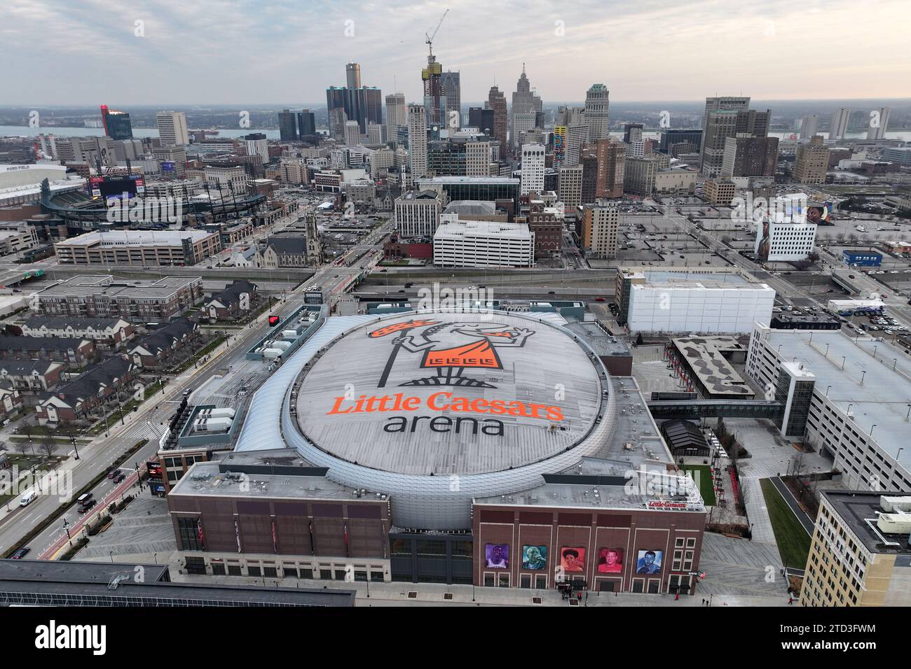 General overall aerial view of little caesars arena downtown skyline hi ...