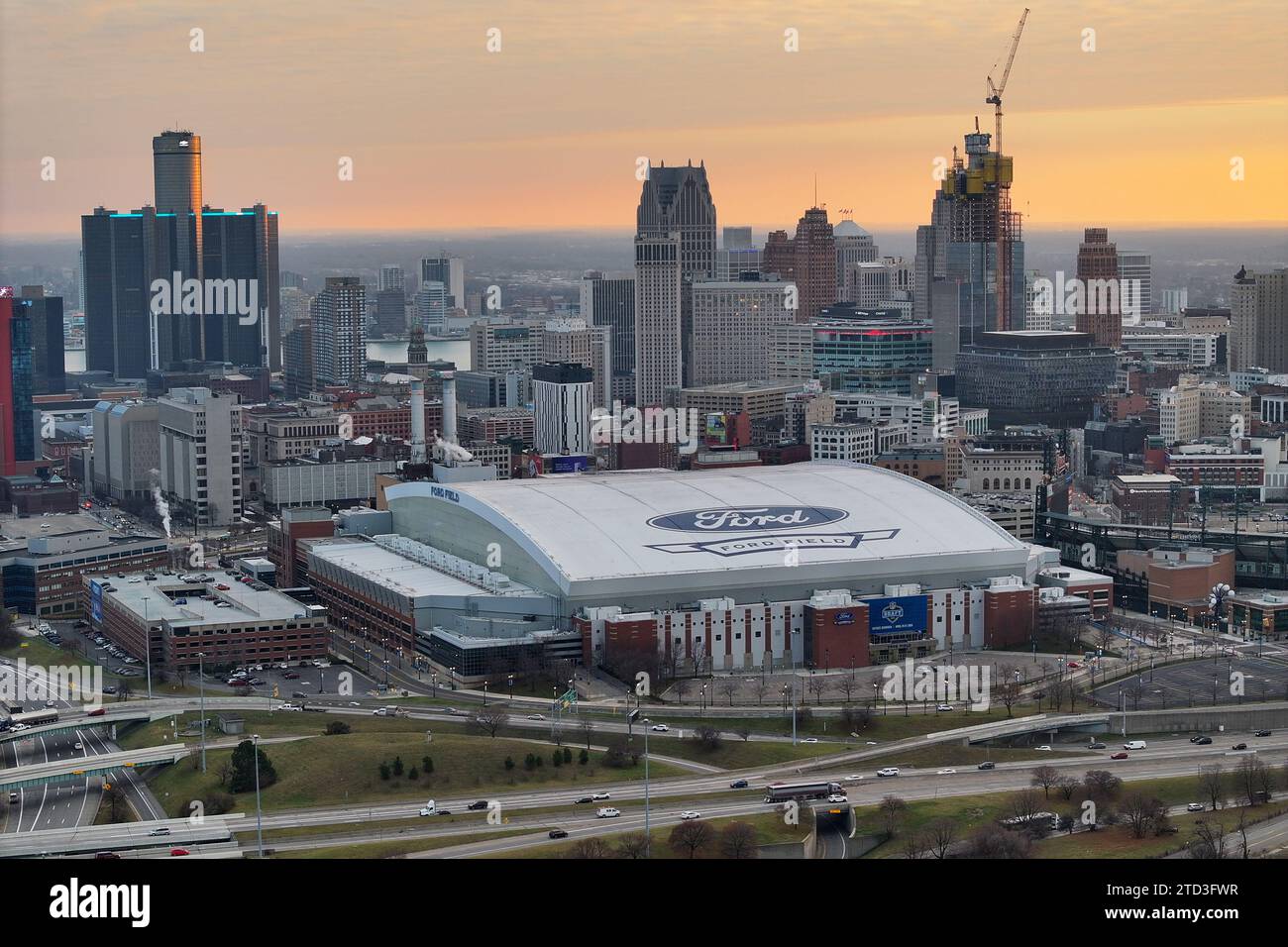 A general overall aerial view of Ford Field and downtown skyline ...