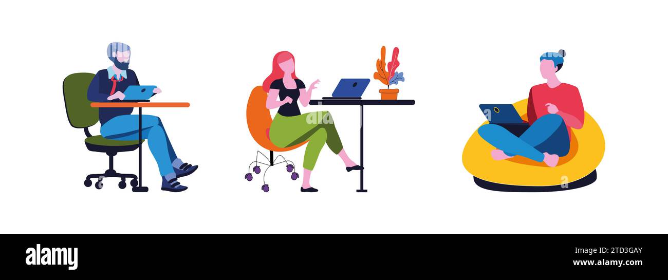 Office workers. Distant work. Comfortable furniture for work. Bright ...