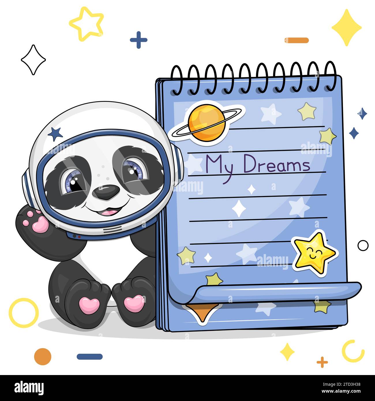 A cute cartoon panda astronaut and a blue notebook with stickers ...