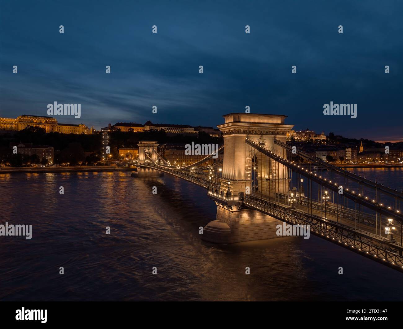 Aerial view about the freshly renovated Szechenyi Chain bridge with ...