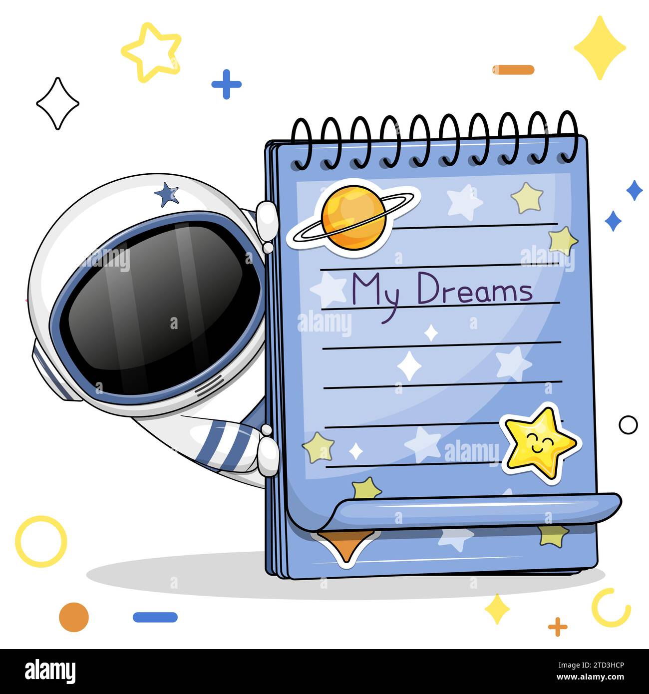 A cute cartoon astronaut and a blue notebook with stickers. Vector ...