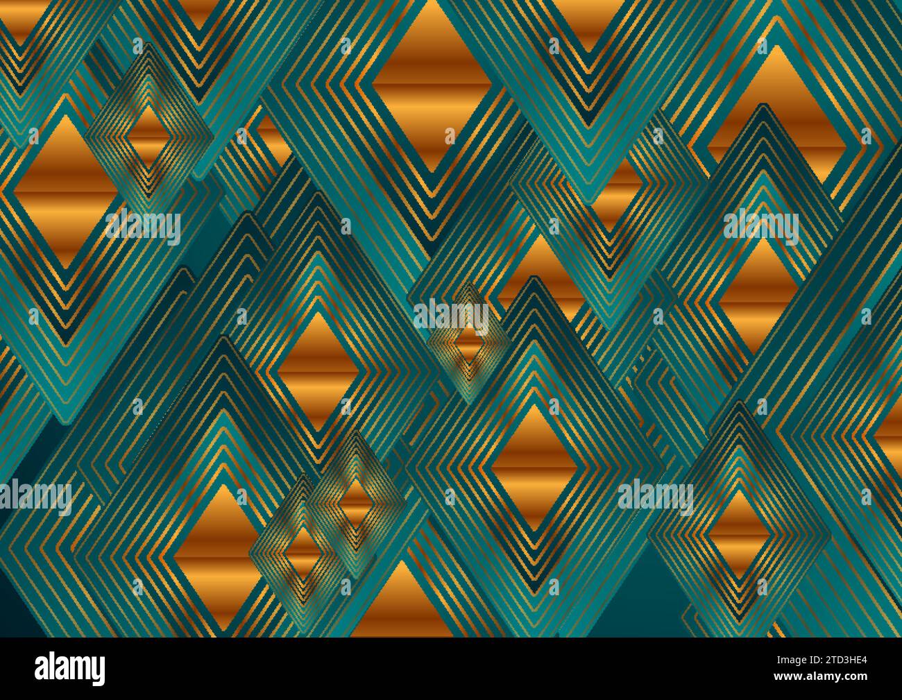 Turquoise rhombuses abstract background with golden linear pattern. Art ...
