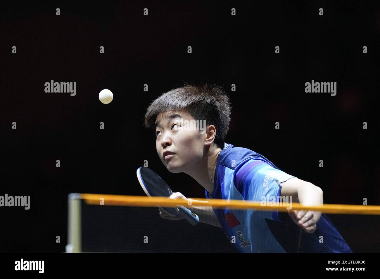 (231216) -- NAGOYA, Dec. 16, 2023 (Xinhua) -- Zhang Rui of China serves ...