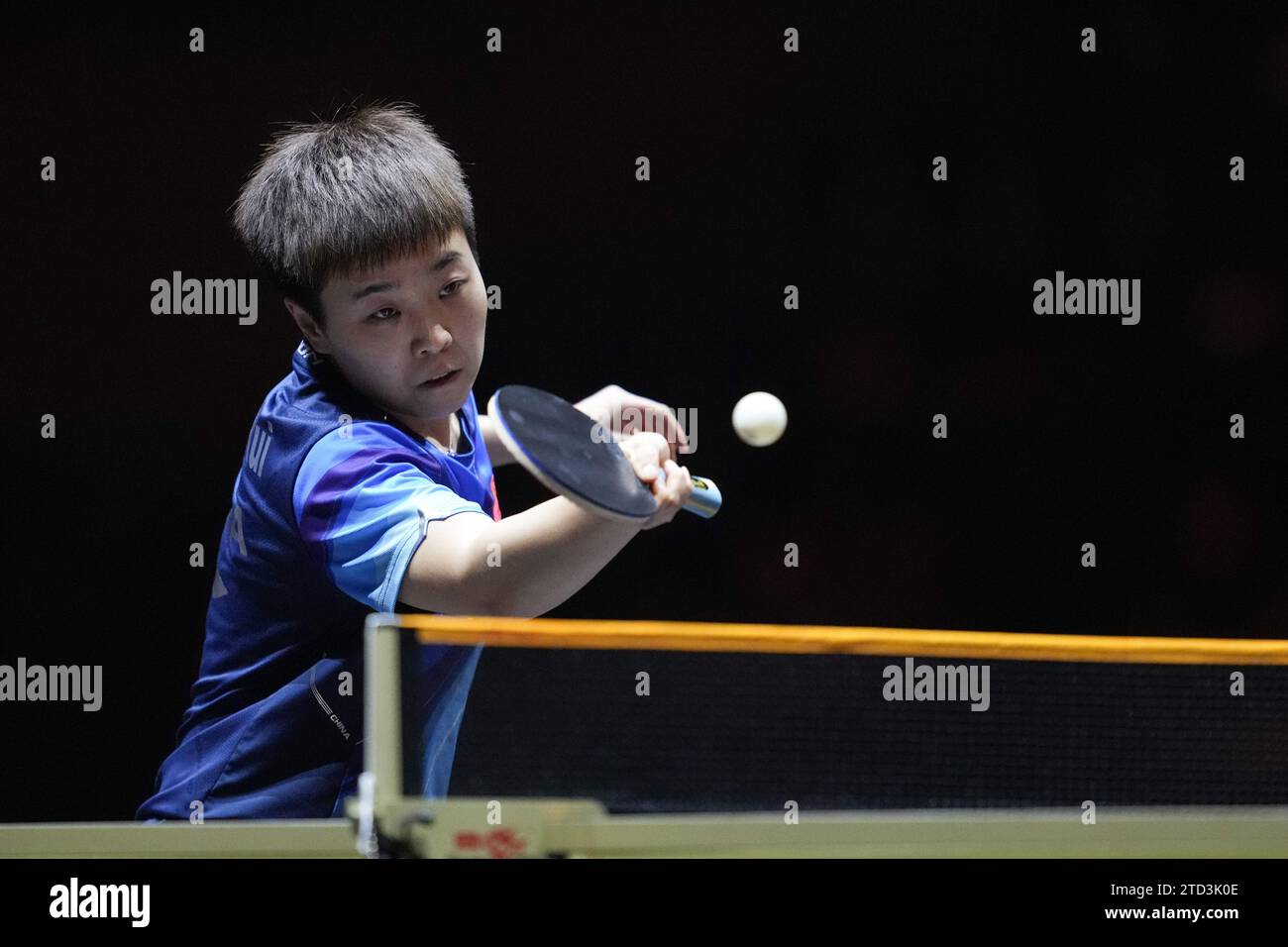 (231216) -- NAGOYA, Dec. 16, 2023 (Xinhua) -- Zhang Rui of China serves ...