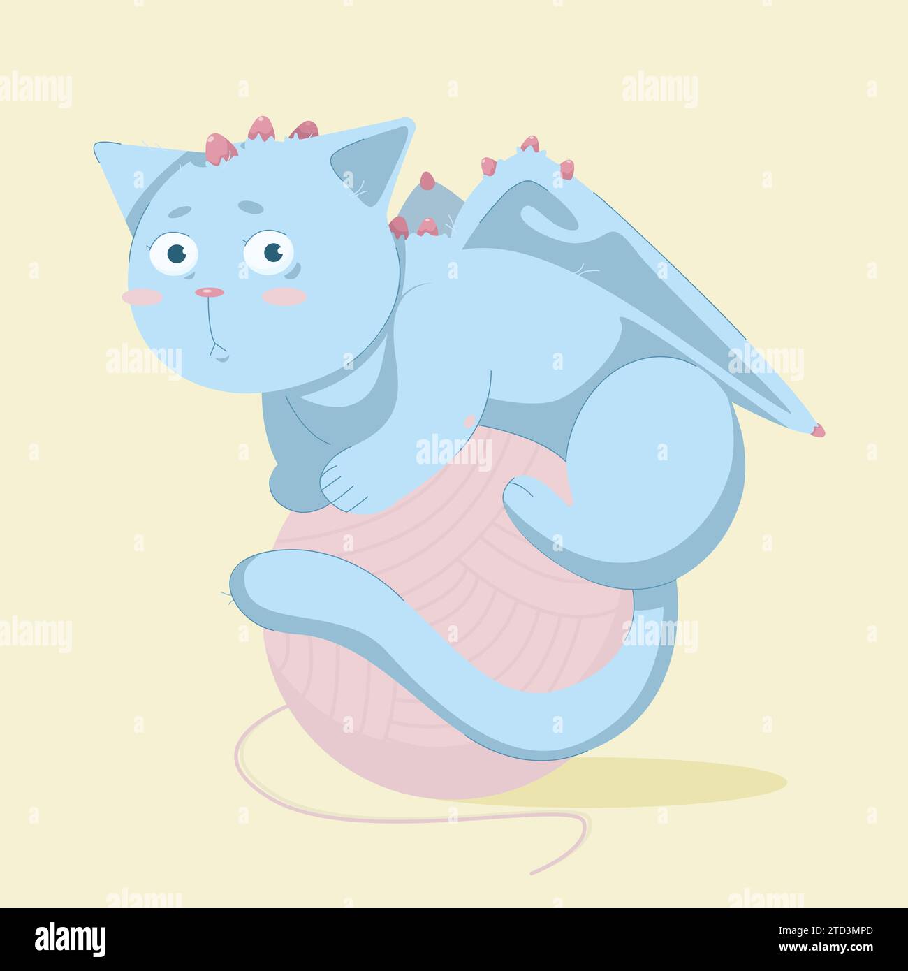 Cute cartoon sticker cat dragon with ball.Hand drawn vector ...