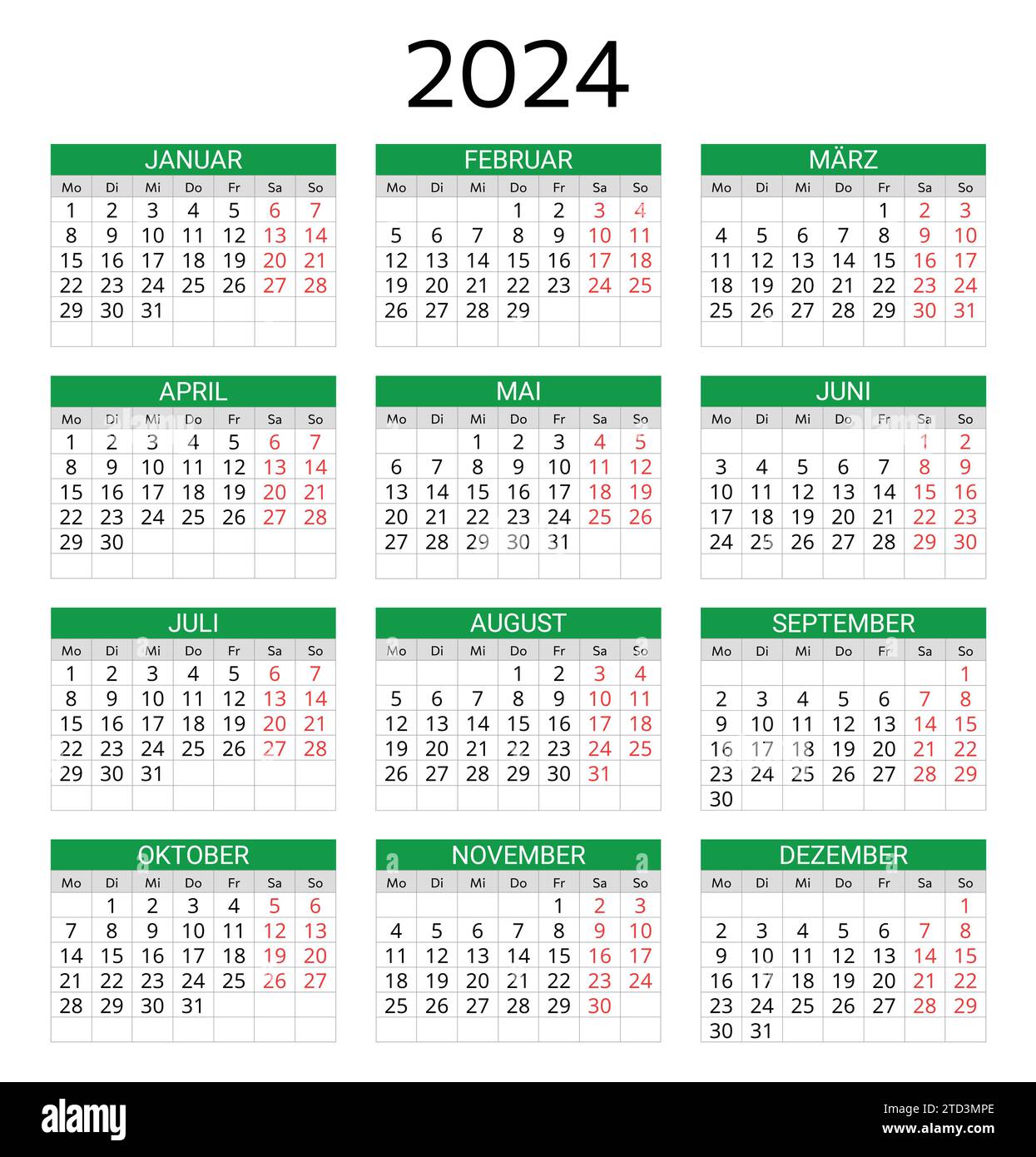 GERMAN calendar for 2024. Printable, editable vector illustration for ...